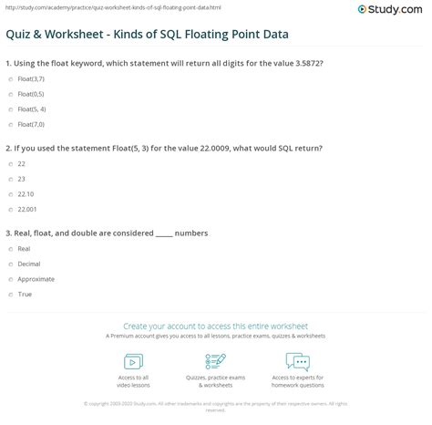 Quiz Worksheet Kinds Of SQL Floating Point Data Study