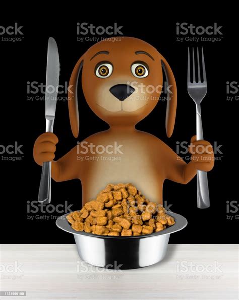 마른 음식의 그릇 만화 강아지 나이프와 포크를 보유 하 고 있습니다 검은 배경에 고립 3d 렌더 3차원 형태에 대한 스톡 사진 및 기타 이미지 Istock