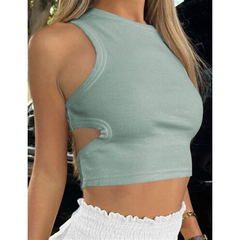 Grey Green Cut Out Ribbed Knit Vest Crop Top