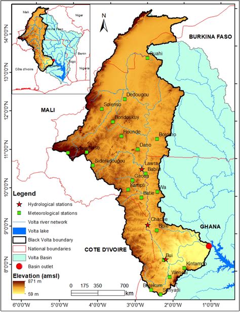 Black Volta Basin Showing Elevation And Hydro Meteorological Stations