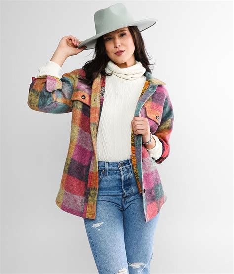 Bibi Plaid Fleece Shacket Womens Coats And Jackets In Lavender Multi Buckle