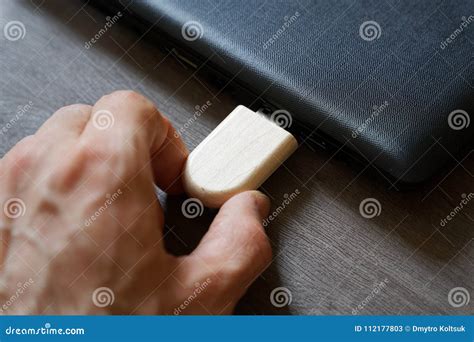 Hand Inserting USB Flash Drive Connect To USB Port Plug In Computer Laptop For Transfer Data And