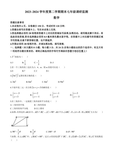 江苏省宿迁市宿豫区2023 2024学年七年级下学期期末数学试题含答案） 21世纪教育网