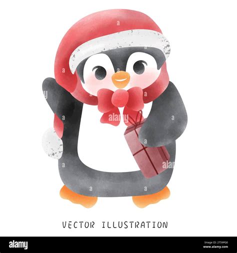 Adorable Winter Penguin With Red Scarf And Hat Whimsical Christmas