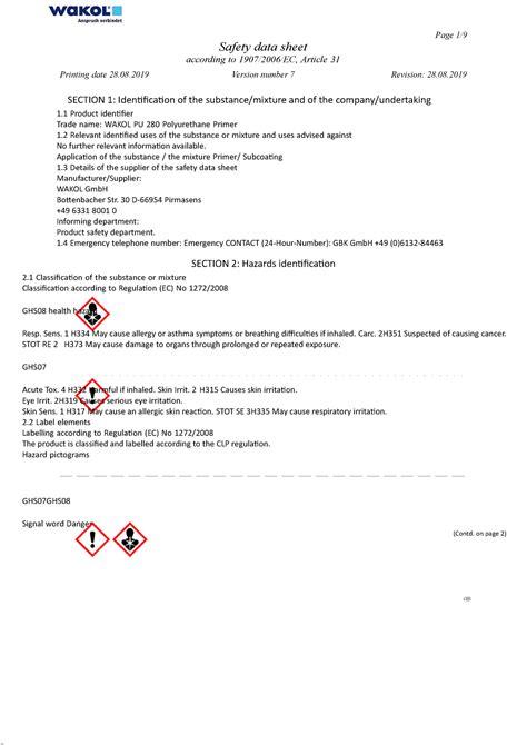 Sds Wakol Pu 280 Polyurethane Primer Safety Data Sheet According To