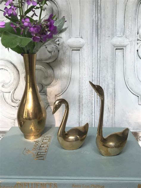Vintage Brass Swans Pair Of Brass Swans Mid Century Brass Etsy