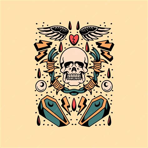 Череп гроб тату набор векторный дизайн Премиум векторы