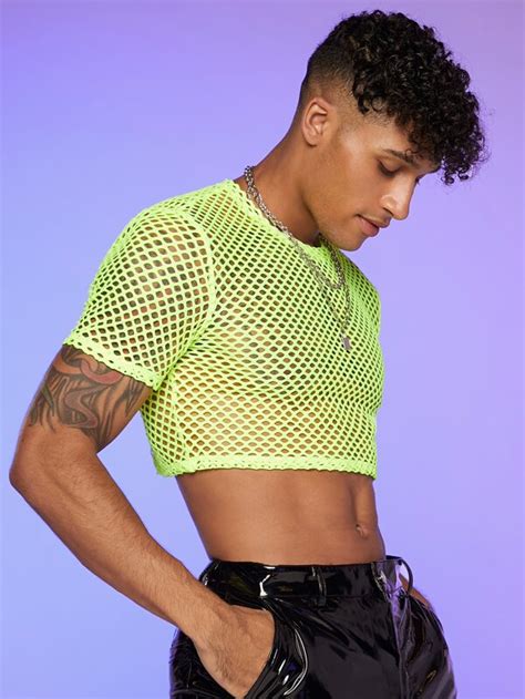 Manfinity Fever City Men Neon Lime Fishnet Mesh Crop Top SHEIN UK