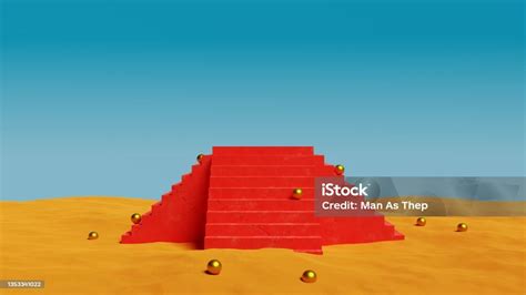 모래 언덕에 계단이있는 빨간색 콘크리트 피라미드 초현실적 인 사막 풍경 최소한의 추상적 인 배경3d 렌더링 일러스트 건설 현장에 대한 스톡 사진 및 기타 이미지 Istock