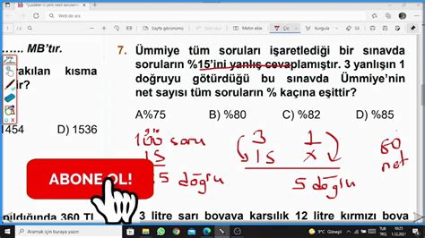 7 Sınıf Yüzdeler Yeni Nesil Sorular Test Çözümü Youtube