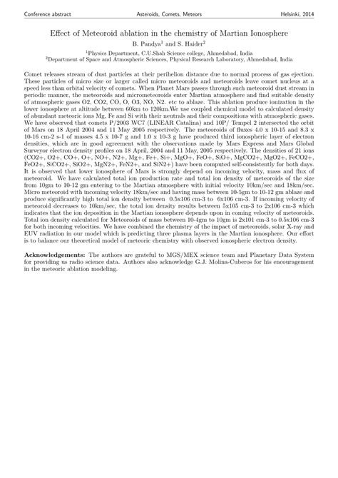 Pdf Effect Of Meteoroid Ablation In The Chemistry Of Martian Ionosphere