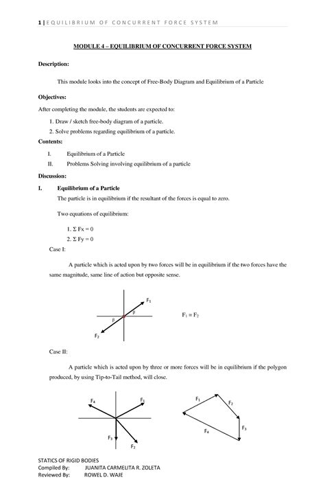 Module 4 Equilibrium Of Concurrent Force System Statics Of Rigid Bodies Compiled By Juanita