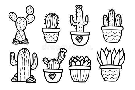 Set Of Cactus Vector Illustrations In Cute Doodle Style Stock Vector