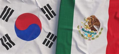 한국과 멕시코의 국기 리넨 플래그 근접 촬영 캔버스로 만든 국기 한국 서울 멕시코 주 국가 상징 3d 일러스트 프리미엄 사진