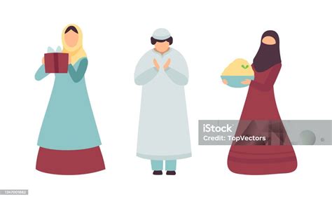 전통적인 의류 인사말과 개최 선물 상자 벡터 일러스트 레이션 세트에서 무슬림 사람들 캐릭터 라마단에 대한 스톡 벡터 아트 및 기타 이미지 라마단 국가 관광명소