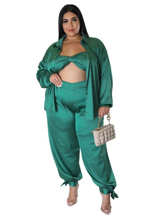 Final Sale Plus Size Satin 3pc Set Collar Top Tube Bra And High Wais