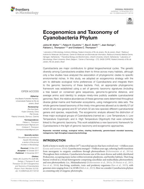 Pdf Ecogenomics And Taxonomy Of Cyanobacteria Phylum
