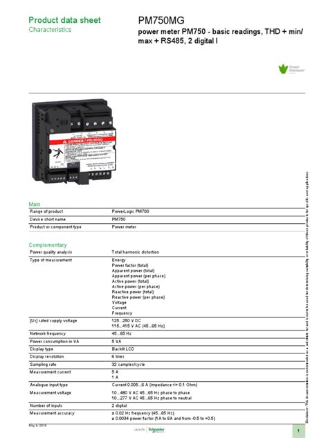 Product Data Sheet For The Powerlogic Pm750mg Power Meter Basic