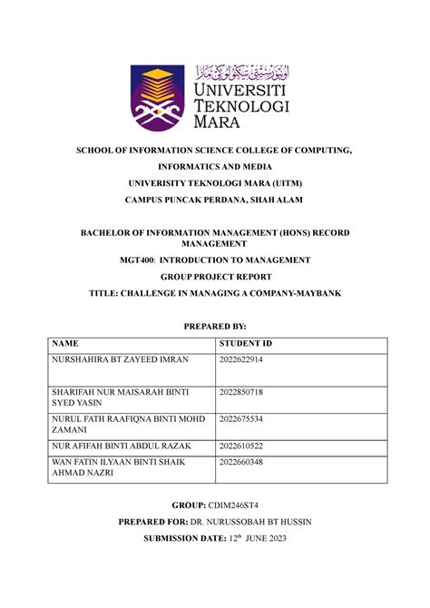 Group Assignment Mgt400 School Of Information Science College Of
