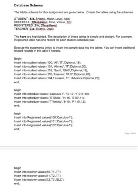 solved database schema the tables schema for this assignment
