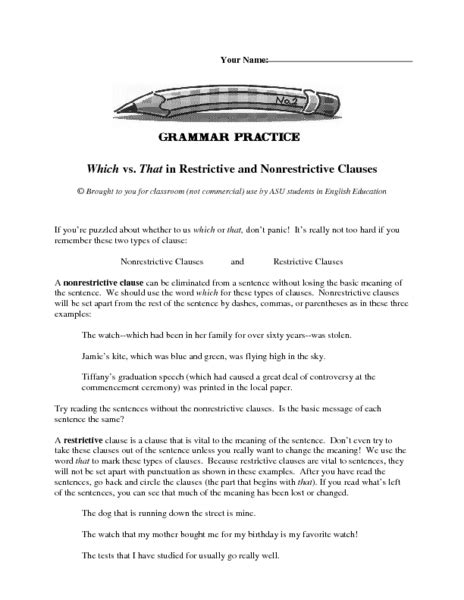 Which Vs That In Restrictive And Non Restrictive Clauses Worksheet For 7th 11th Grade