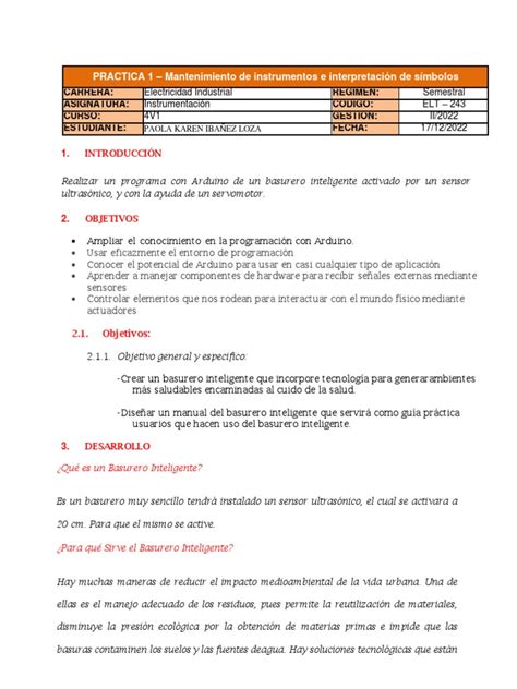 Basurero Inteligente Activado Por Un Sensor Pdf Arduino Ultrasonido