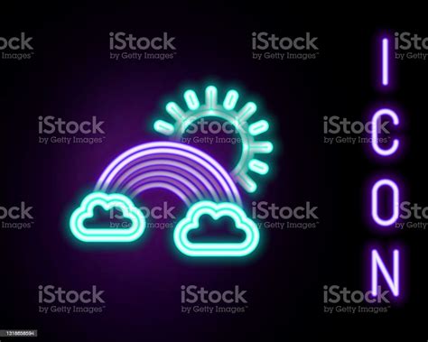 發光的霓虹燈線彩虹與雲和太陽圖標隔離在黑色背景上五顏六色的輪廓概念向量向量圖形及更多一個物體圖片 一個物體 光 光譜 Istock
