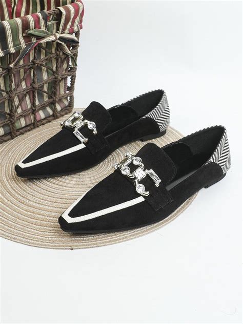 Faux Suede Chevron Pattern Jewelled Decor Point Toe Flat Loafers