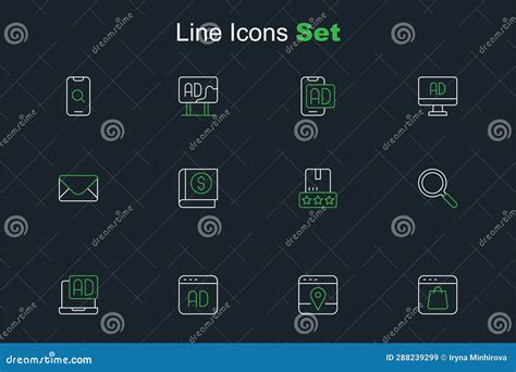 Set Line Online Shopping On Screen Infographic Of City Map Advertising Magnifying Glass