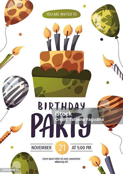 정글 스타일의 생일 케이크 양초 풍선을 사용한 생일 초대장 디자인 A4 용지에 대한 스톡 벡터 아트 및 기타 이미지 A4