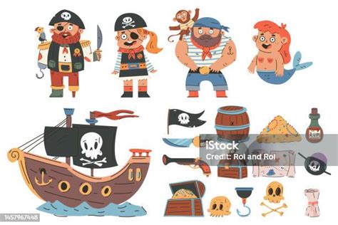귀여운 해적 캐릭터와 장식 요소 벡터 만화는 흰색 배경에 격리되어 있습니다 바다에 대한 스톡 벡터 아트 및 기타 이미지 바다 수병 걸이 장비 Istock