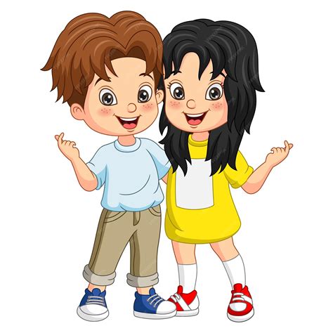 Bonito Desenho De Menino E Menina Feliz Vetor Premium