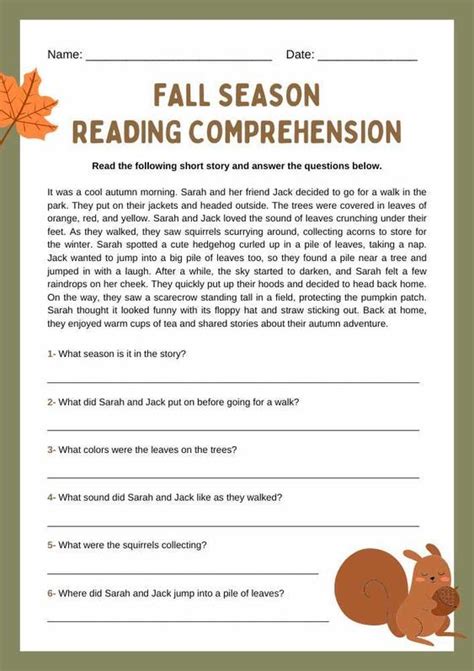 Fall Season Reading Comprehension Worksheet In Green And Brown Pastel Sty… Reading