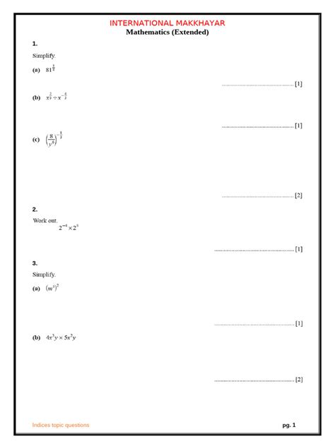 Indices Topic Questions Pdf