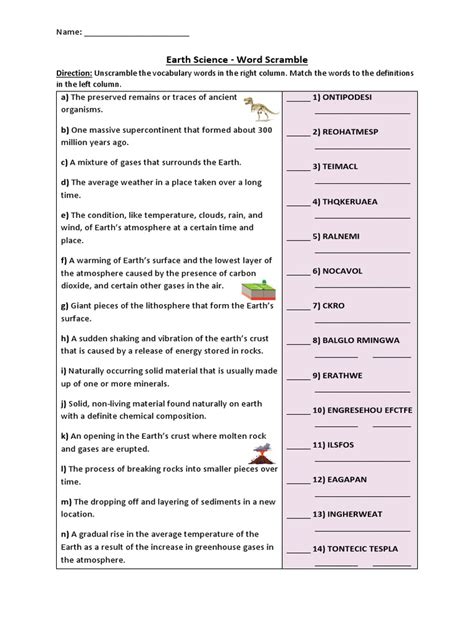 Earth Science Word Scramble In The Left Column Pdf Earth