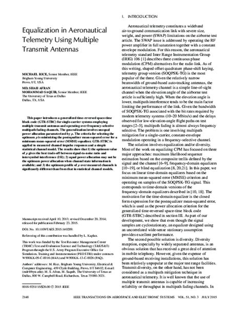 Pdf Equalization In Aeronautical Telemetry Using Multiple Transmit