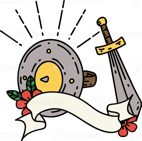 Scroll Banner With Tattoo Style Shield And Sword 41014920 Png