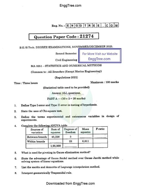 ma3251 statistics and numerical methods nov dec 2023 question paper