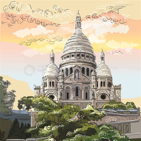 城市景观免抠元素 彩色矢量手绘插图蒙马特法国巴黎的地标与圣心大教堂的城市景观彩色矢量插图巴黎的城市景观 模板免费下载 eps格式