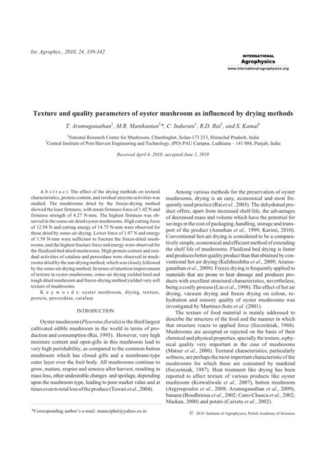Pdf Texture And Quality Parameters Of Oyster Mushroom As Influenced By Drying Methods