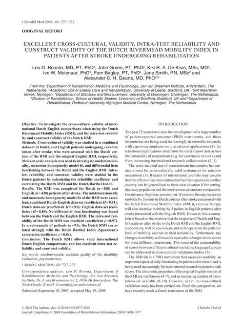 Pdf Excellent Cross Cultural Validity Intra Test Reliability And Construct Validity Of The