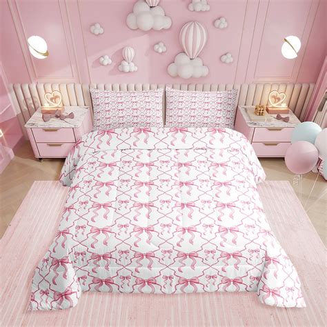 Pink Bow Comforter Sets Teen Womencute Ribbon Bowknot Full Down