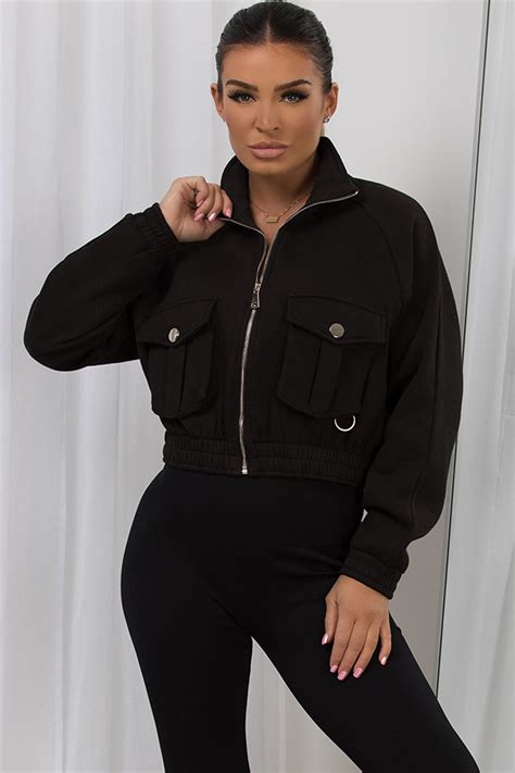 Womens Crop Jacket With Pocket Detail Black Uk