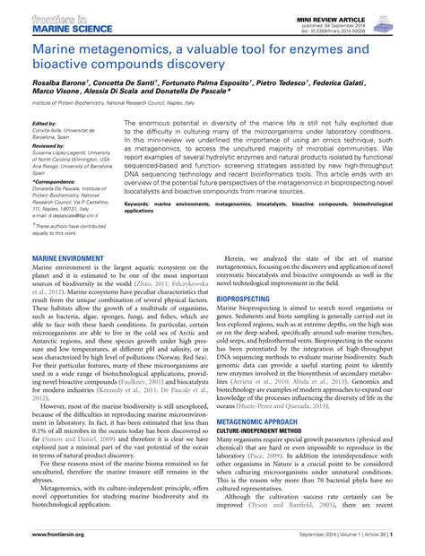 PDF Marine Metagenomics A Valuable Tool For Enzymes And Bioactive