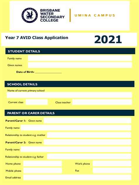 Fillable Online Year 7 Avid Class Application Fax Email Print Pdffiller