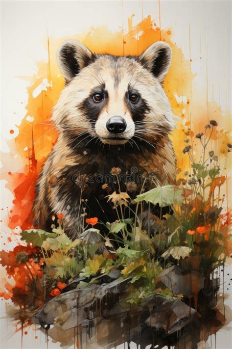 Watercolor Raccoon Illustration Isolated On Light BaÑ Kground Ai Generative Stock Illustration