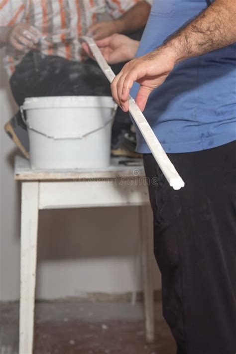 Worker Applying Putty On Material Renovating Home Stock Image Image