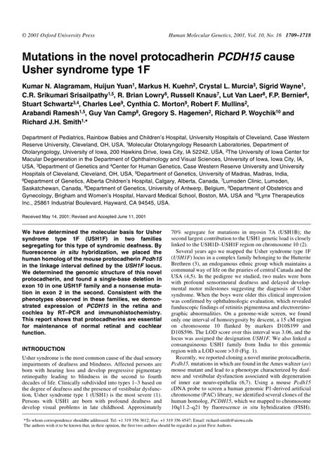 Pdf Mutations In The Novel Protocadherin Pcdh15 Cause Usher Syndrome