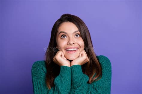 Photo Of Pretty Young Girl Look Up Empty Space Wear Pullover Isolated