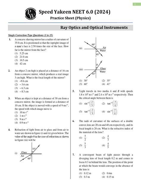 Ray Optics And Optical Instruments Practice Sheet Yakeen Neet 6 Pdf
